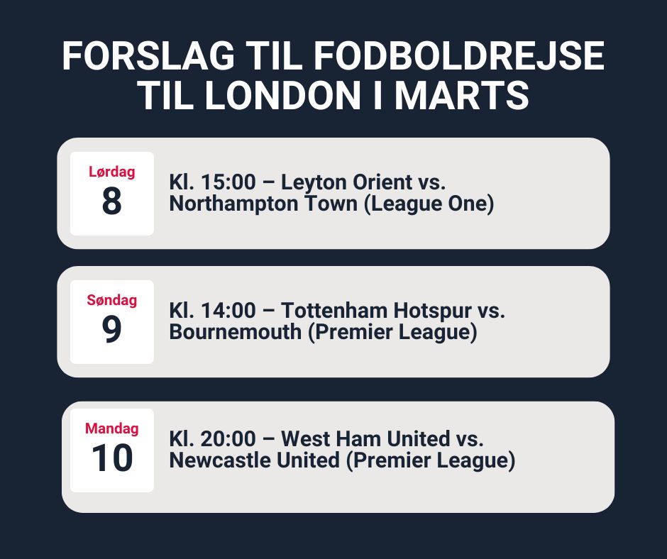 Forslag til en fodboldrejse til London: 8.-11. marts 2025